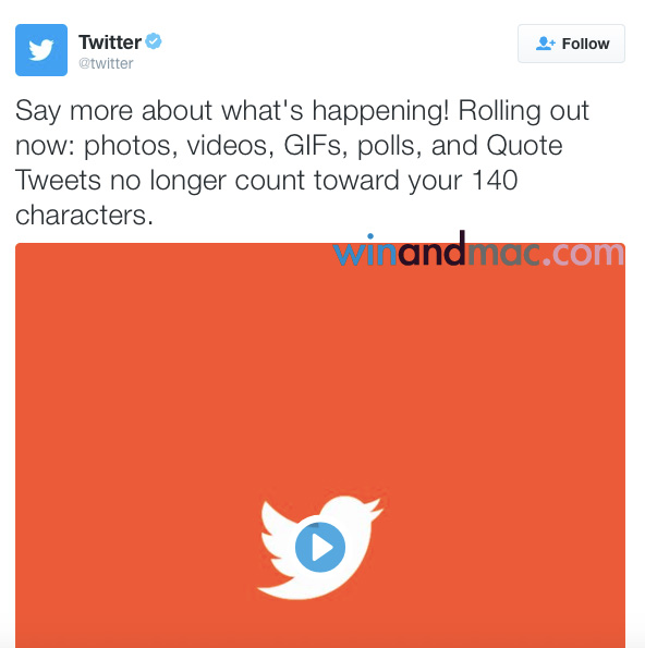 Twitter正式擴大140字限制 相片、影片、GIF等都不計算在內 - winandmac.com 視麥媒體