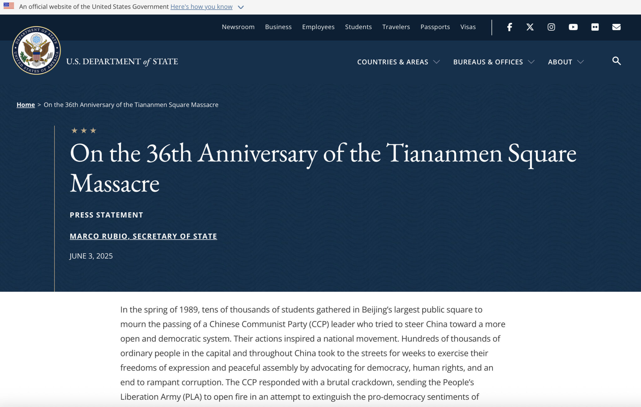 美國國務卿魯比奧準時就六四發文 自由、民主和自治是中共無法抹殺 - winandmac.com 視麥媒體